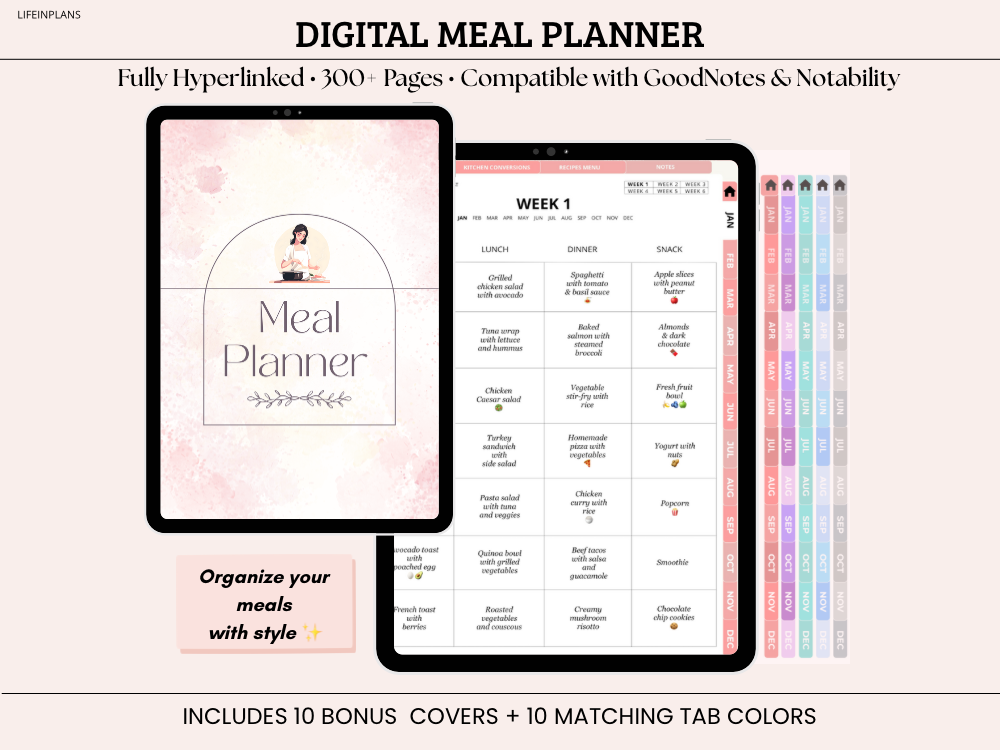 Elegant Digital Meal Planner | Hyperlinked iPad GoodNotes Planner 🌸