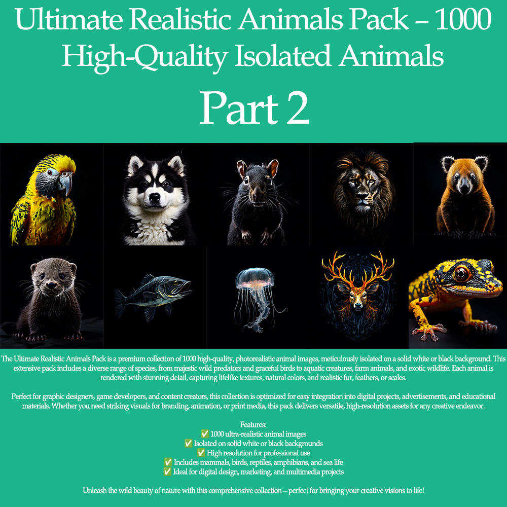 Ultimate Realistic Animals Pack 2 – 1000 High-Quality Isolated Animals