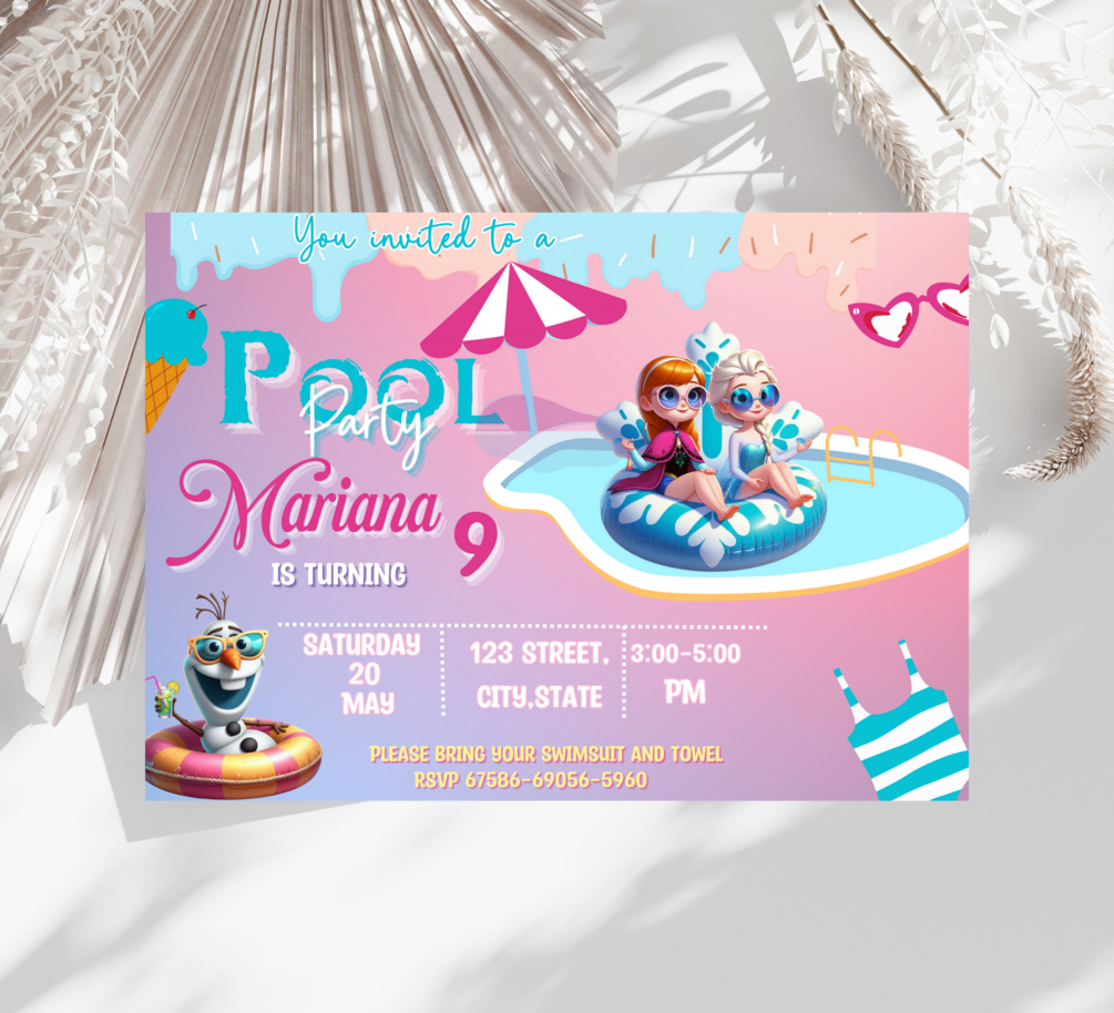 Frozen Anna Elsa Pool Pink Birthday Invitation | Custom Digital Invite