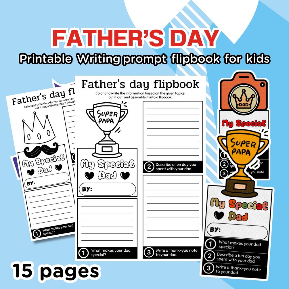 Father's Day Writing Prompt Flipbook for 2nd-6th Grade, DIY Craft Activity