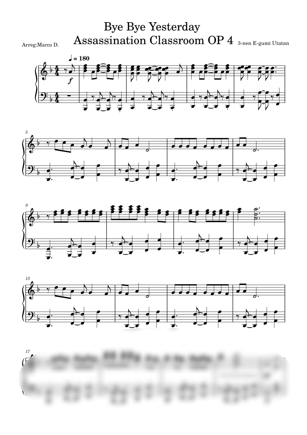 Bye Bye Yesterday Assassination Classroom OP 4 SHEET + MIDI
