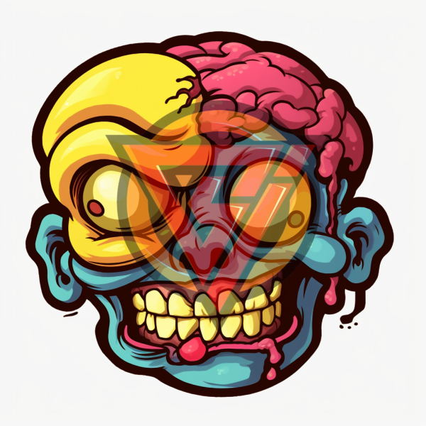 Neon Horror: Mutated Zombie Skull Digital Art