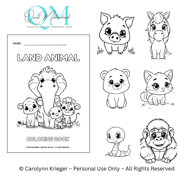 28-Page Land Animal Coloring Book for Kids & Classrooms – Printable PDF