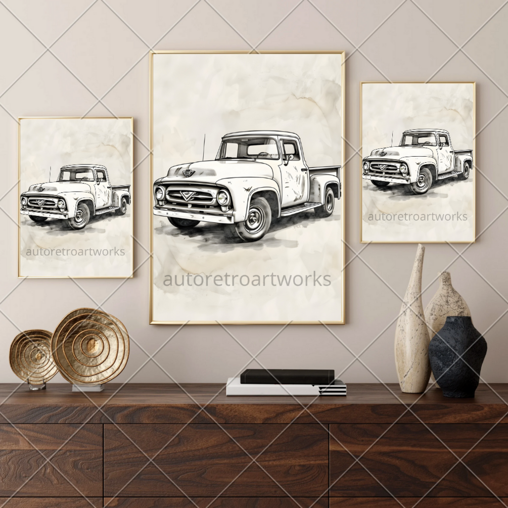 Vintage Ford F-100 Wall Art – Hand-Drawn Ink & Watercolor Style ...