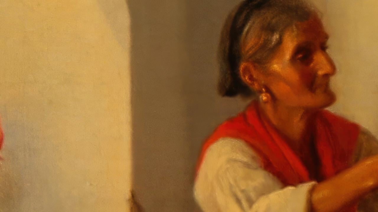 An old woman with a spindle sitting in an Italian loggia. by Anton Dorph