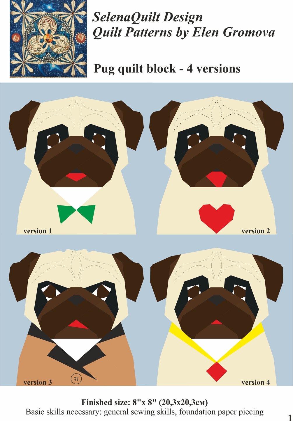 Pug Quilt Block PDF Pattern # 1 (full face) - 4 versions