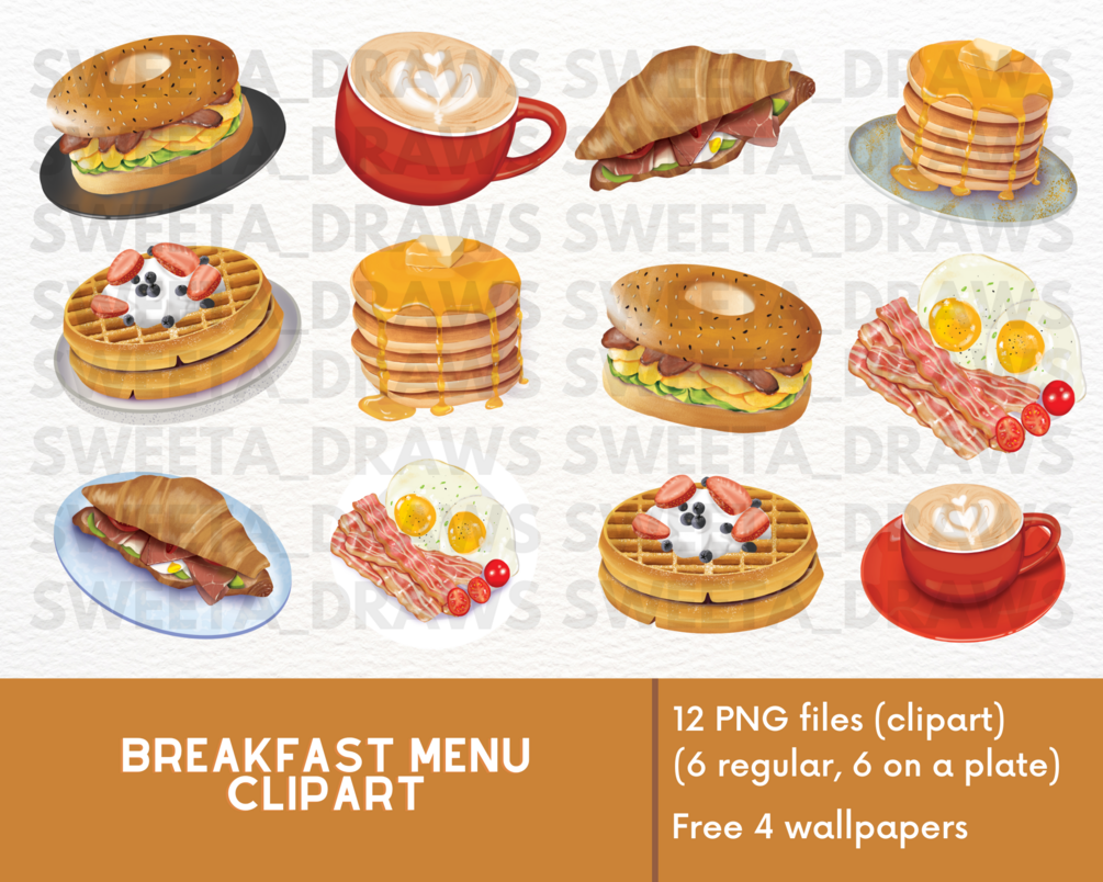 Breakfast Menu Clipart- Full Commercial Rights PNG Free Wallpaper Pattern