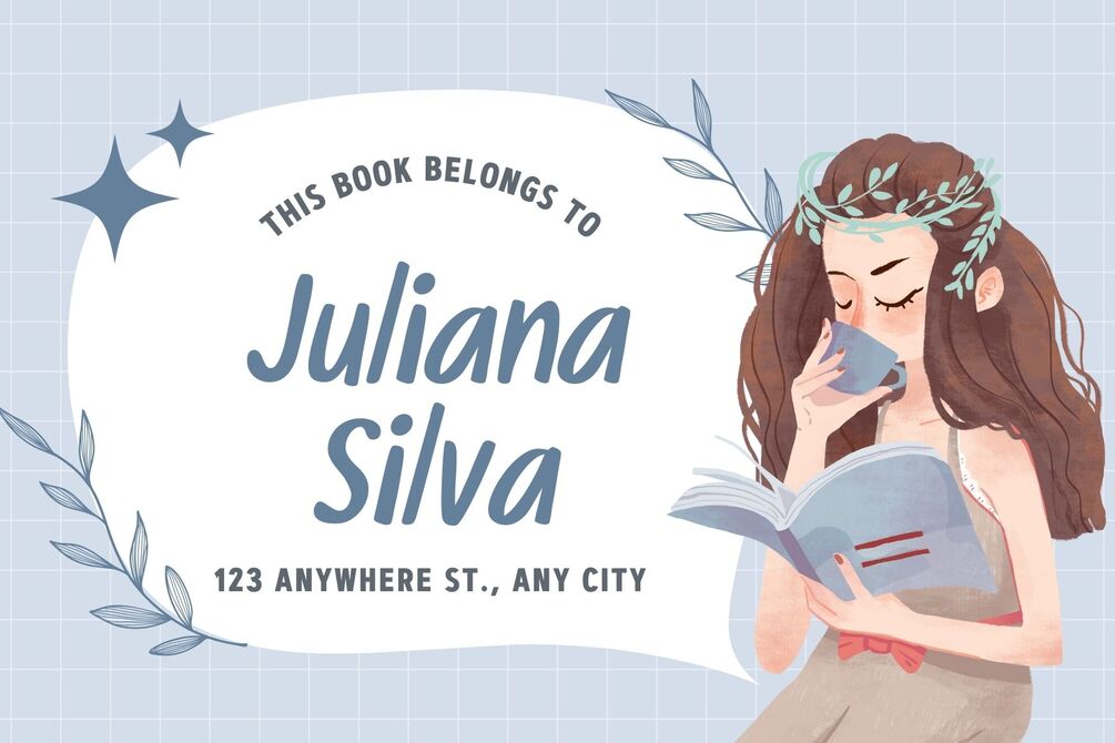 Blue Brown Aesthetic Cute Girl Illustrative Book Name Label