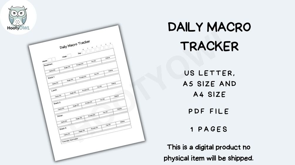 Daily Macro Tracker, Printable Macro Tracker, A4, A5 ,US Letter Size PDF