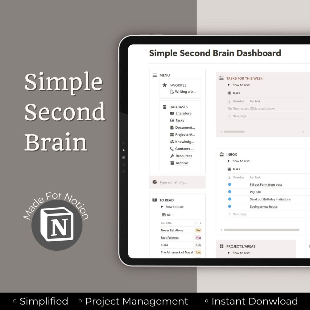 Simplified Second Brain Notion Template Personal Knowledge Base Project ...