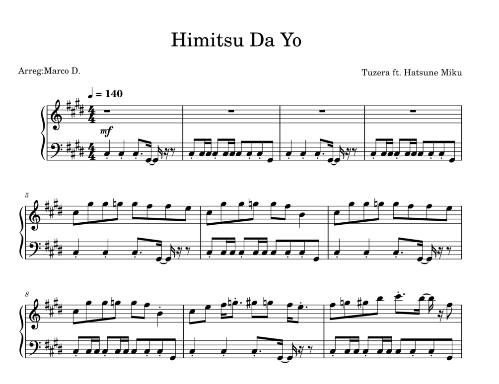 Himitsu Da Yo / Tuzera ft. Hatsune Miku SHEET + MIDI