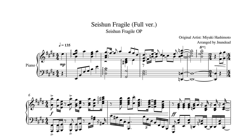 [Seishun Fragile OP] Seishun Fragile (Full ver.) Piano Arrangement