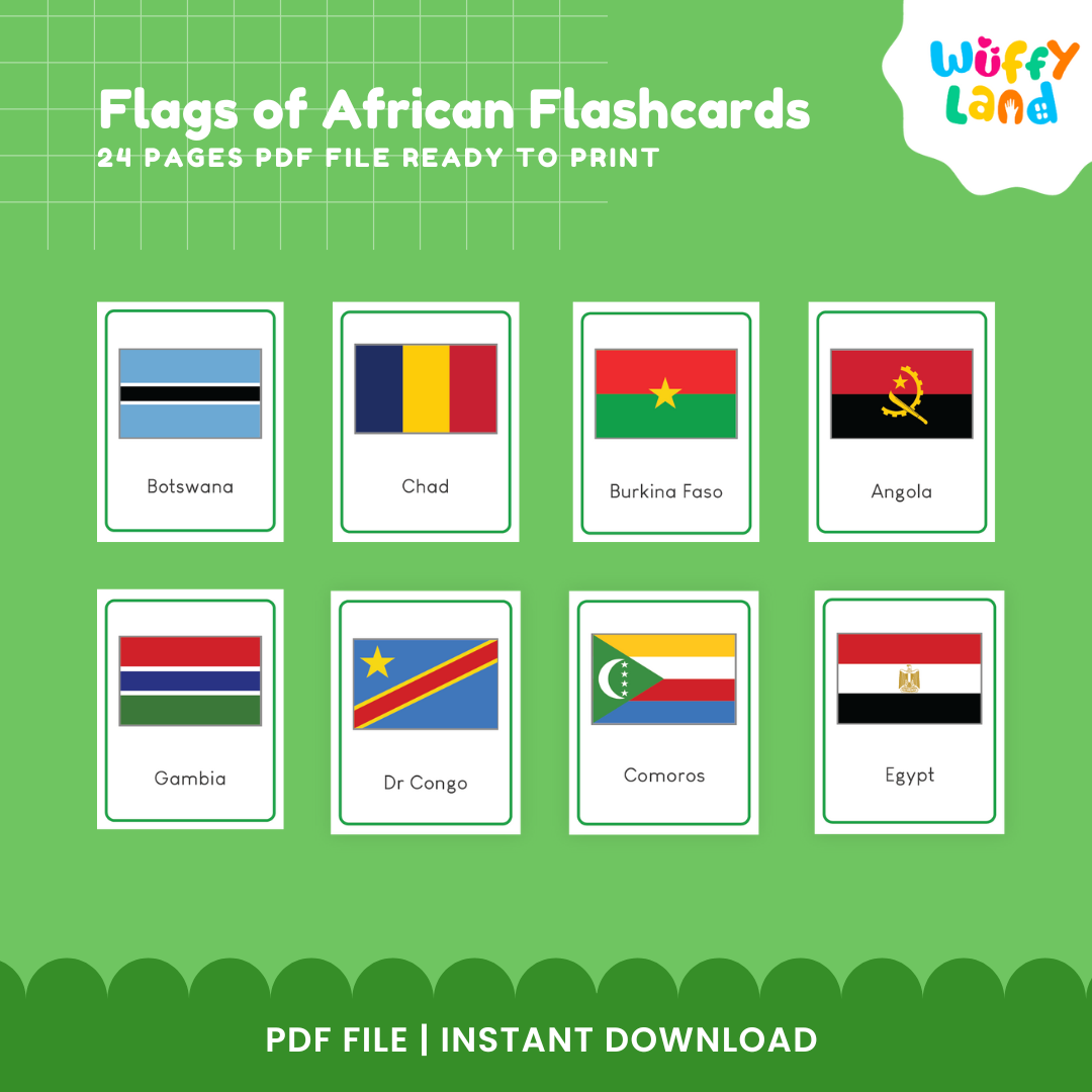 Flags of Africa Flashcards - 57 Educational Cards for Kids, Instant ...