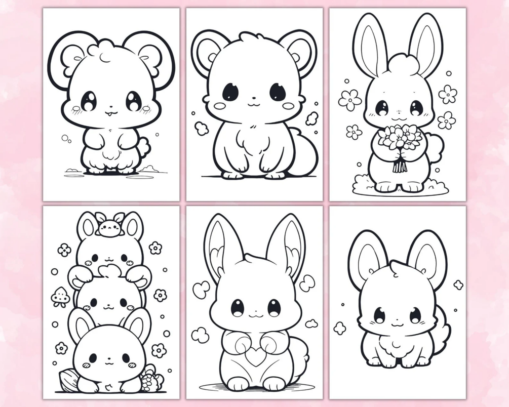 Kawaii Animals Coloring Pages For Kids and Adults, Kawaii Coloring Book ...