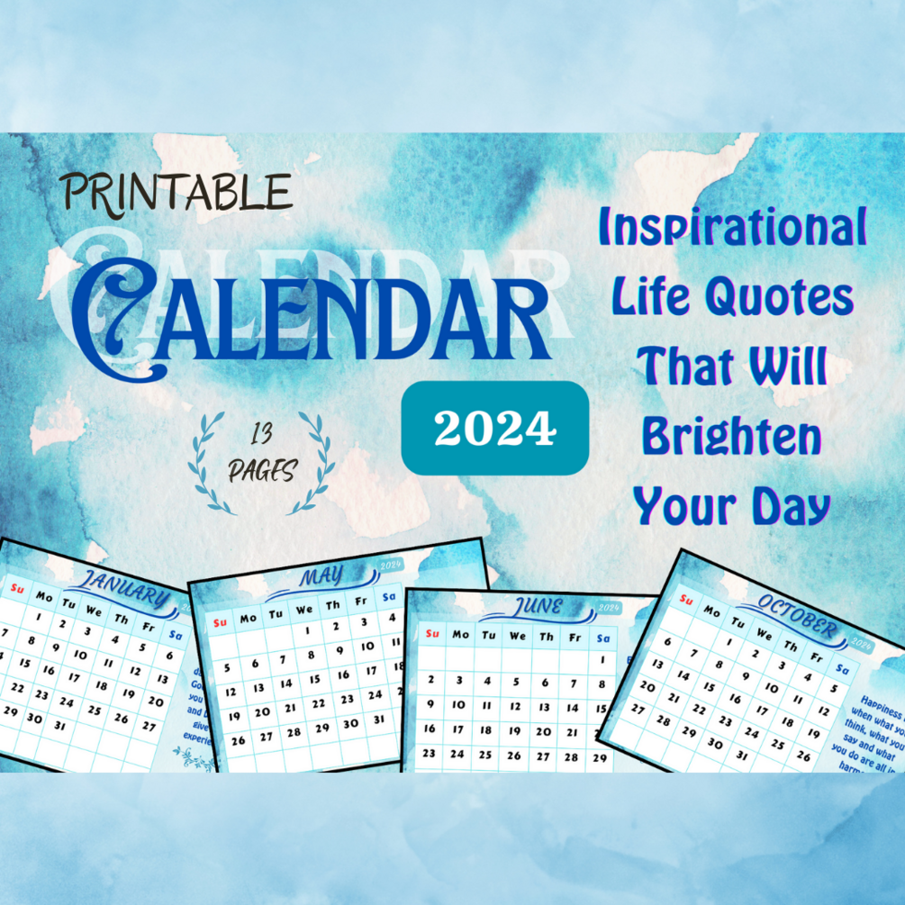 Blue Inspirational Quotes Calendar | 2024 Printable | A4 Landscape | 13 ...
