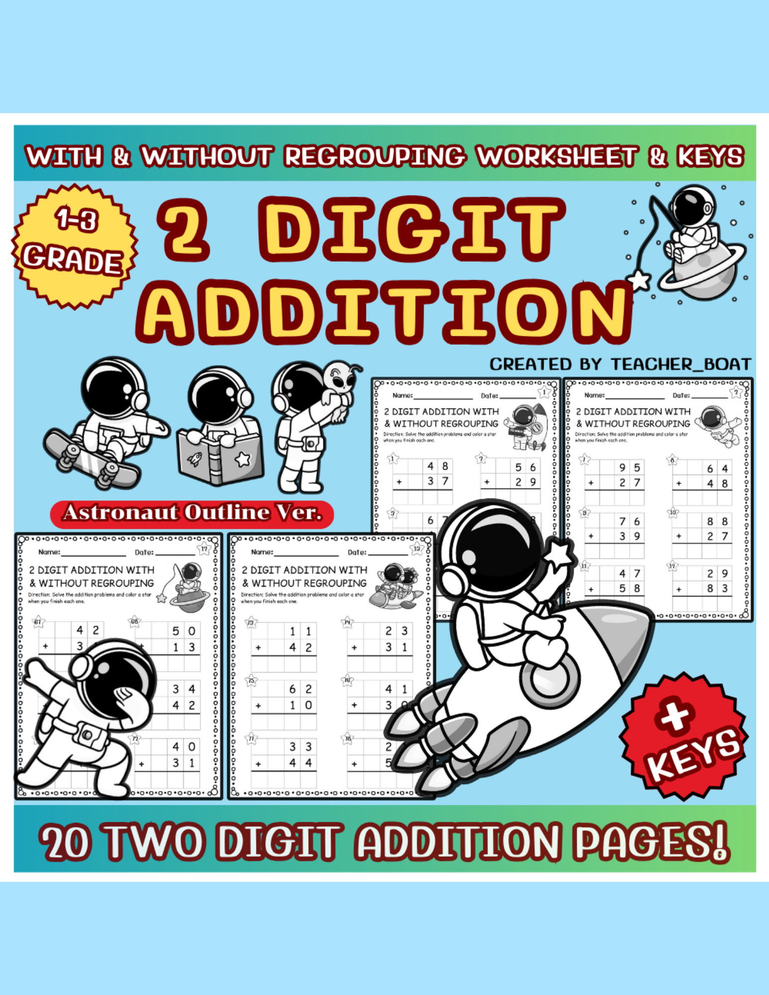 2-Digit Addition with and without Regrouping - Astronaut Outline ...