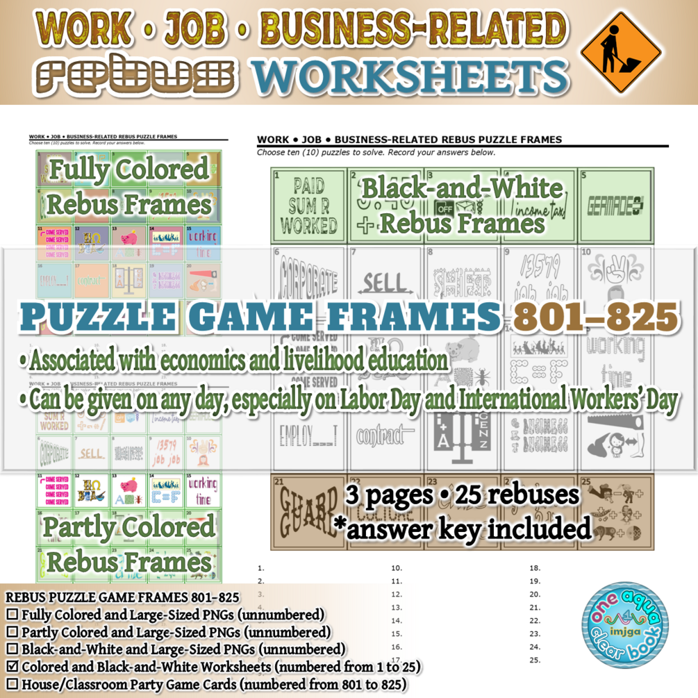 WORK • JOB • BUSINESS-RELATED Rebus Puzzle Game Frames 801–825 Worksheets