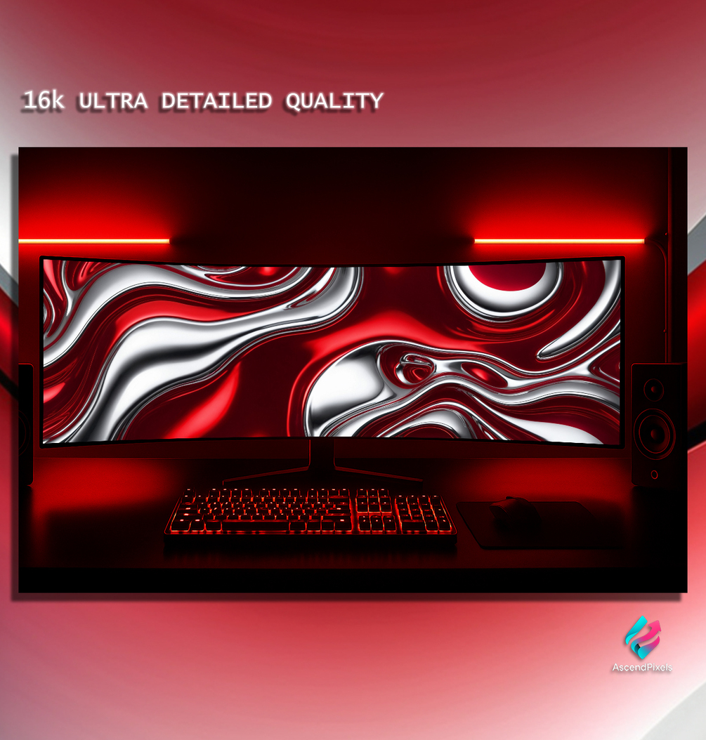80+ Super UltraWide 16K [15360×4320, 32:9, 300 dpi], Ruby Red and Platinum Silver Abstracts ...