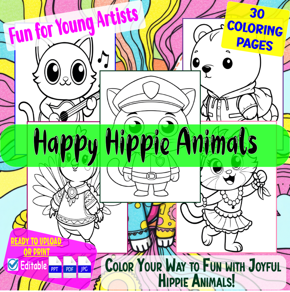 Happy Hippie Animals coloring page.