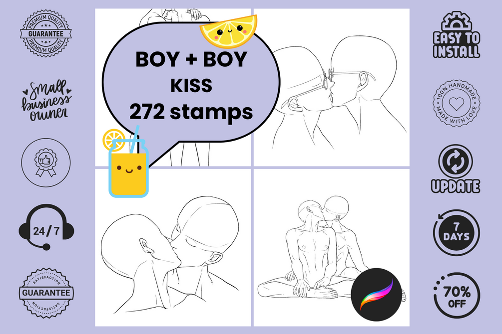 Procreate Stamps: Boys in Love, Kissing Pose Stamps for BL, LGBTQ+ ...