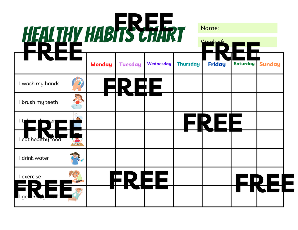 Free Colorful Healthy Habits Chart for kids