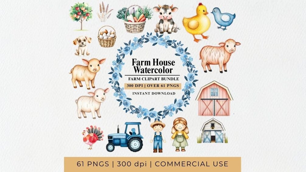 Watercolor Cute Farm Animal Clipart Bundle – Baby Animals, Barn ...