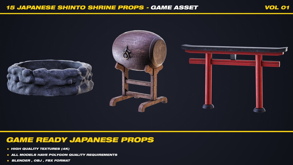 15 Japanese Shinto Shrine Props - VOL 01 ( Game Asset )