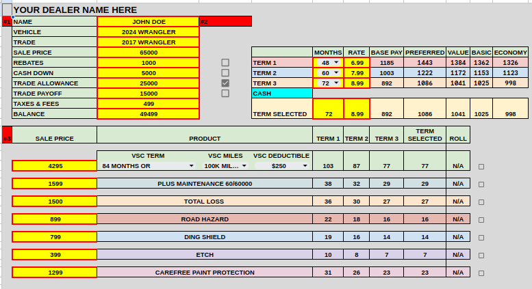 F&I Desking Menu Spreadsheet