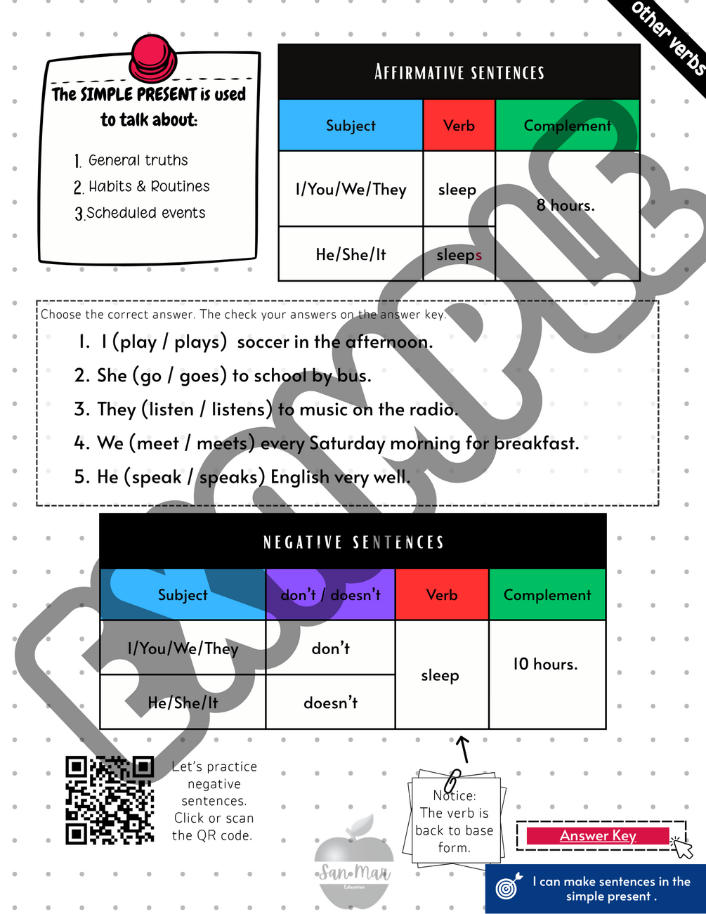 English Grammar Workbook - Simple Present | ESL Notebook