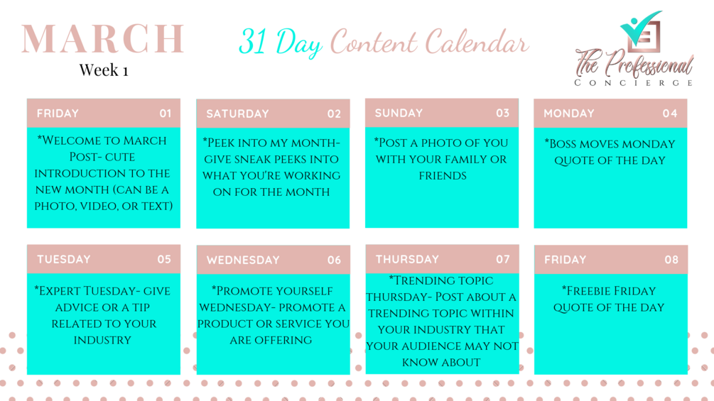 31 Day March Content Calendar for Women Entrepreneurs