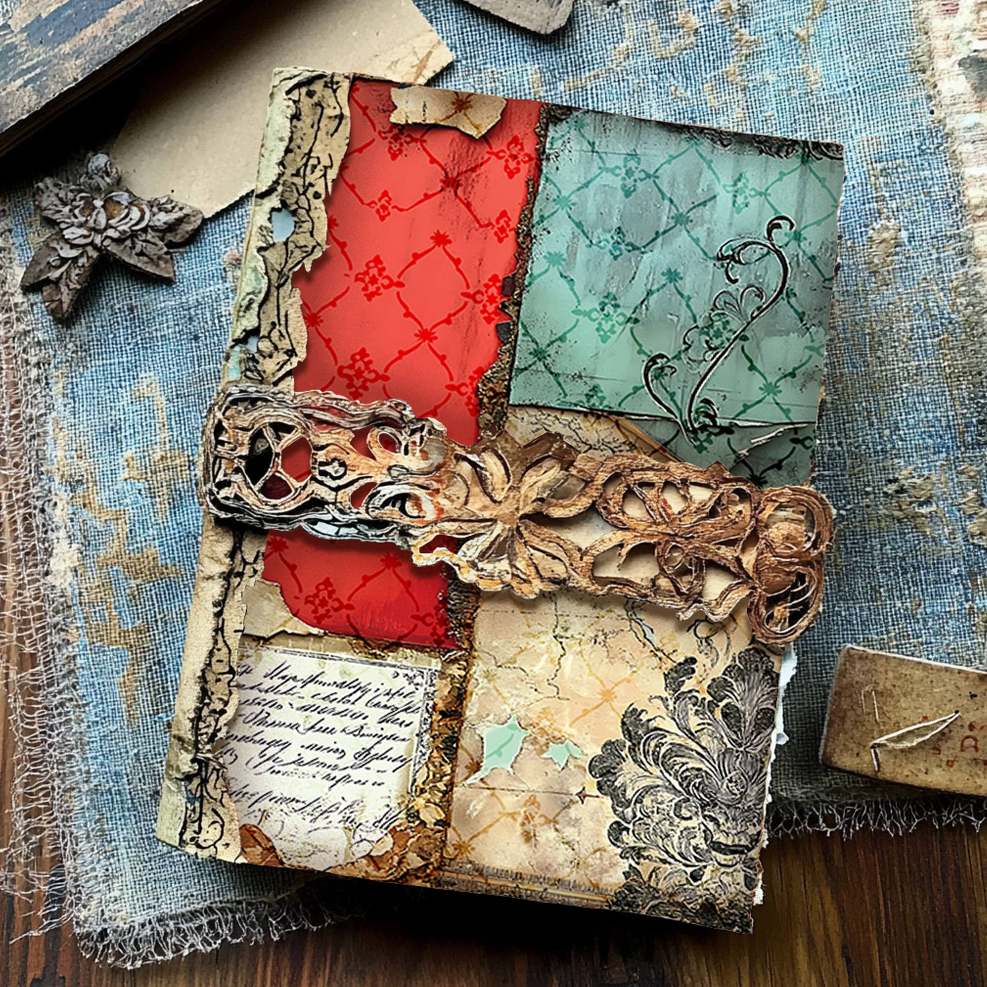 24 pc Collage with Red and Teal on Ephemera Printable Background Junk ...