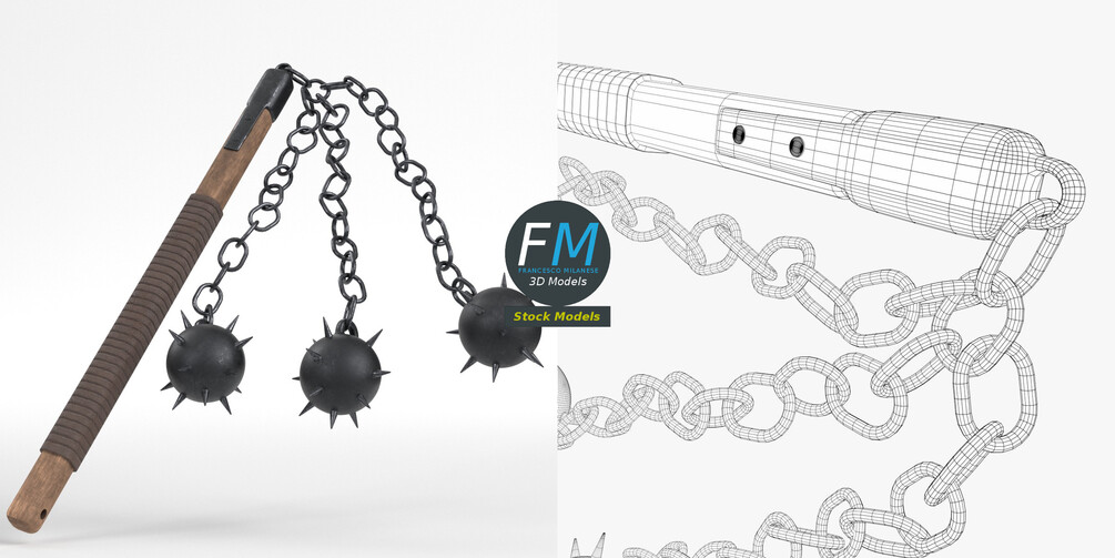 3D MODEL - Three ball medieval flail
