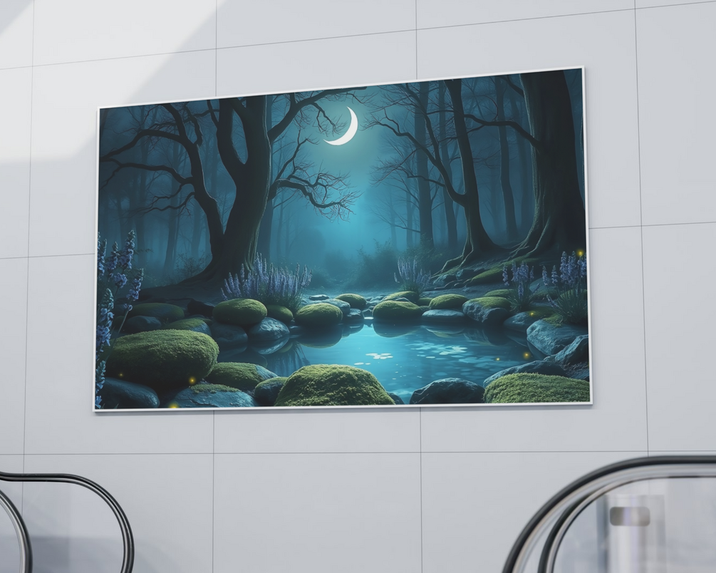 Moonlight Basin – Enchanted Crescent Moon Forest | Printable Wall Art