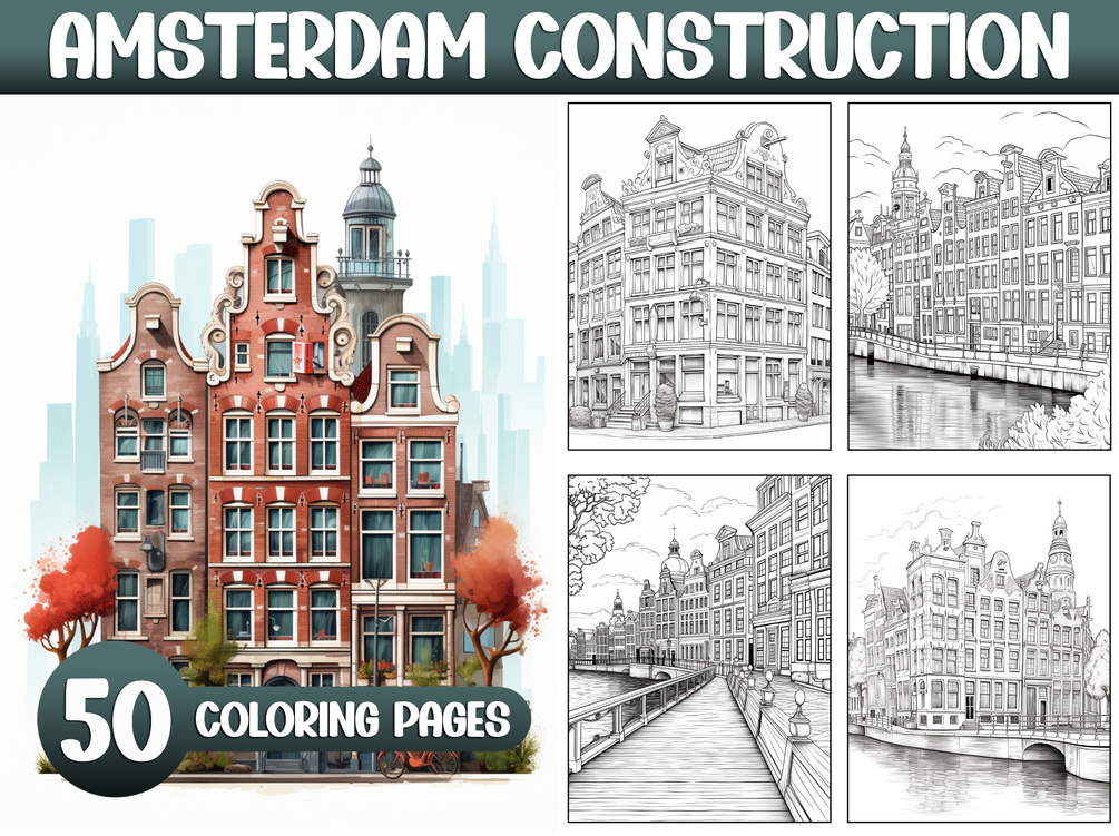 Amsterdam Architecture Grayscale Coloring Pages Printable for Adults ...