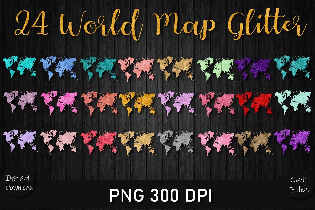 24 World Map Glitter Digital Papers Bundle
