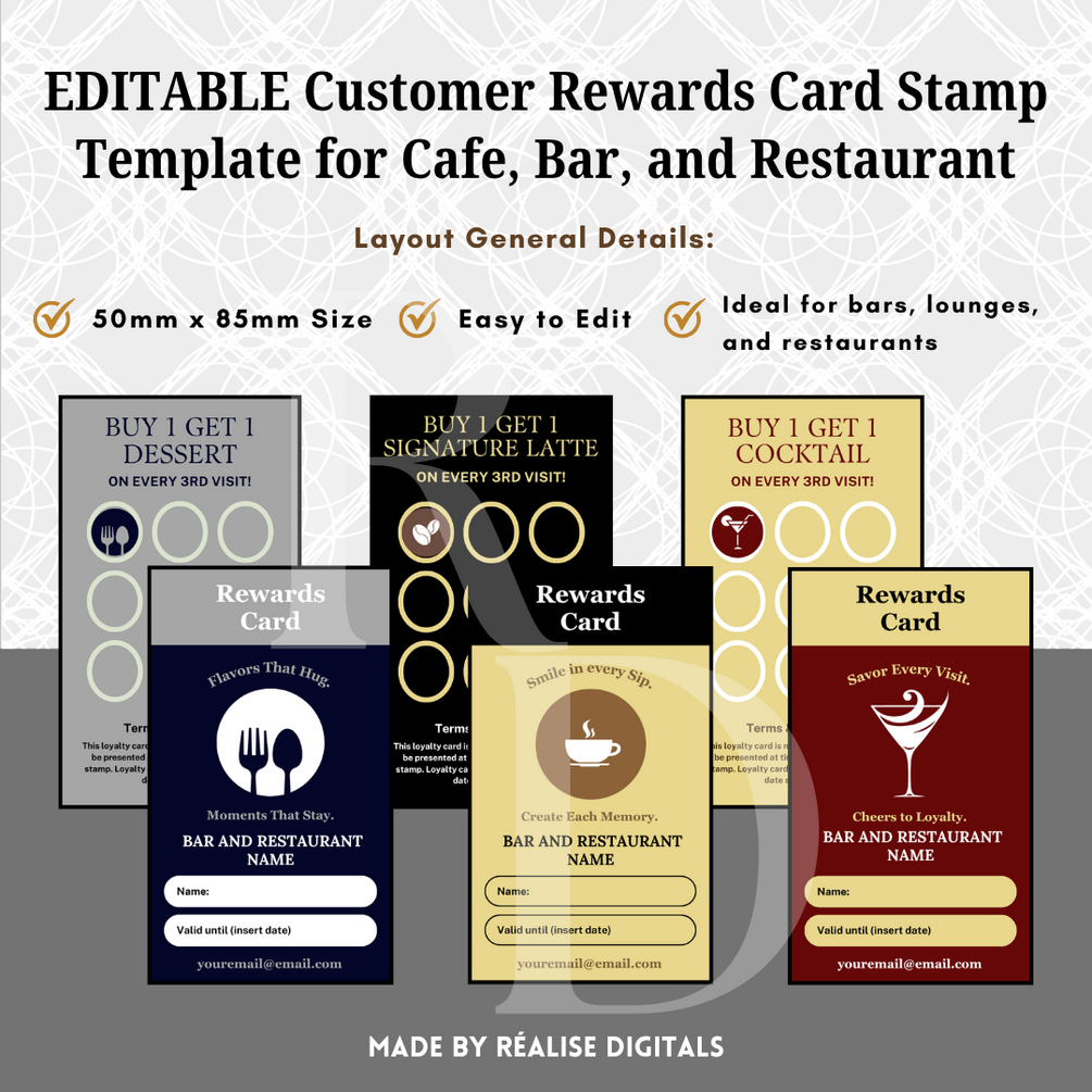EDITABLE Customer Rewards Card Template for Cafe, Bar, and Restaurant