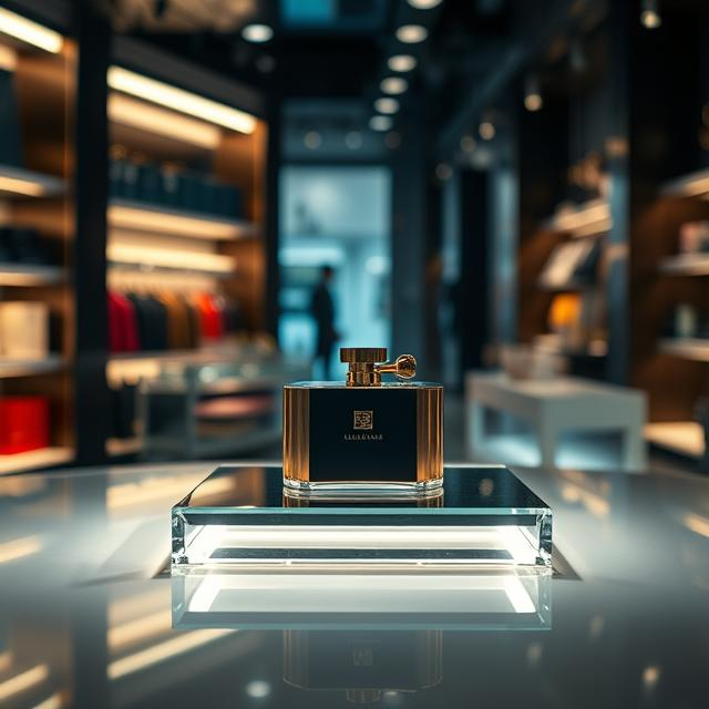 "A luxurious product showcase set on a sleek, modern display stand with ...