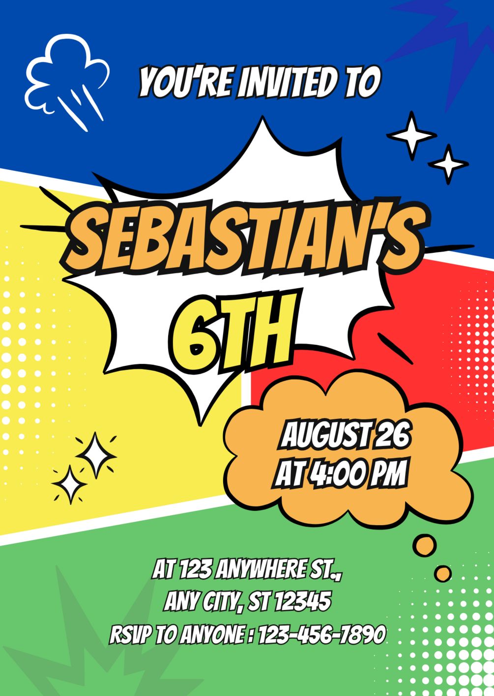Colorful Comic-Style Invitation Card, Customizable Party Card, Birthday ...
