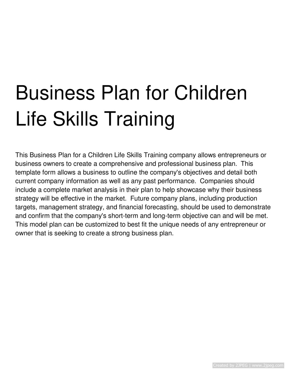 Business Plan for Children Life Skills Training