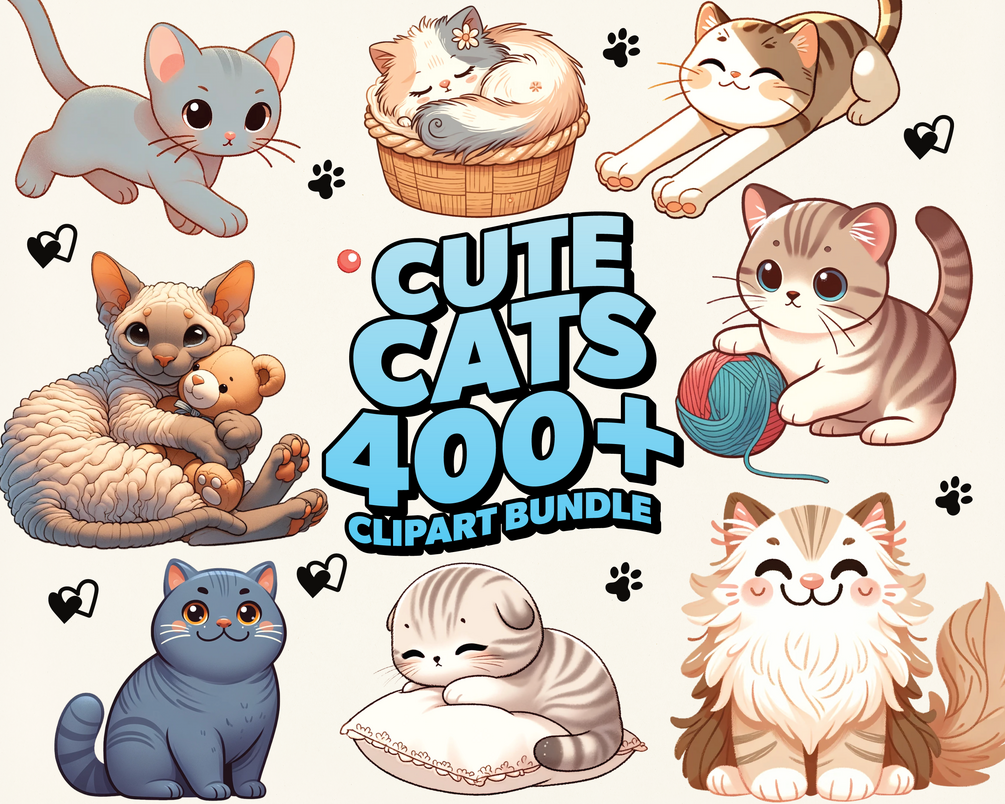 Cute Cats Clipart Bundle | 400+ High Quality 300DPI Images | Commercial ...