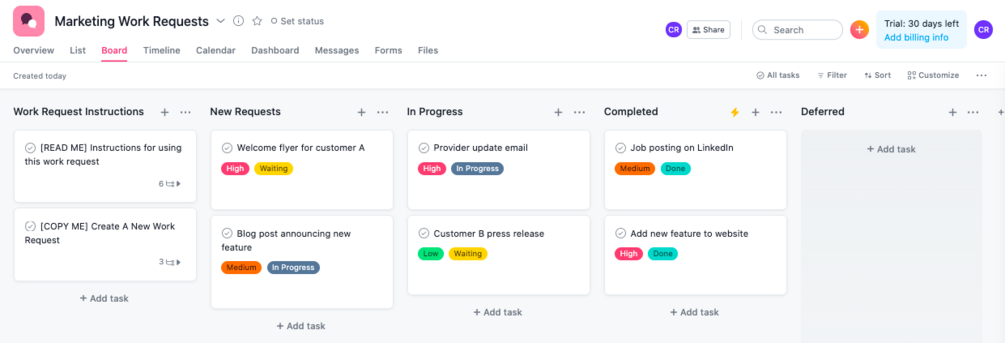 Free Asana Marketing Work Request Template