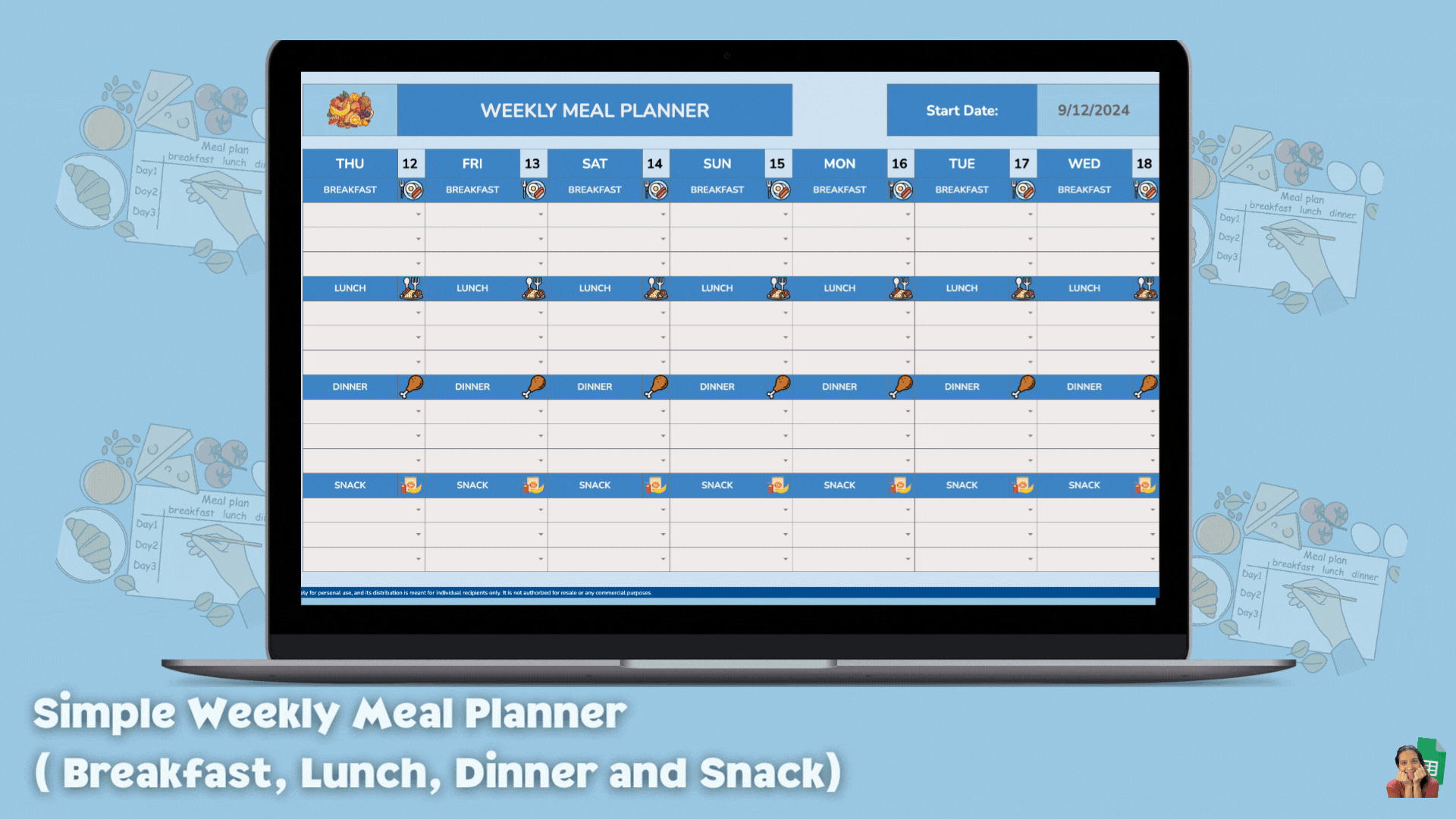 Simple Weekly Meal Planner ( Breakfast, Lunch, Dinner and Snack)