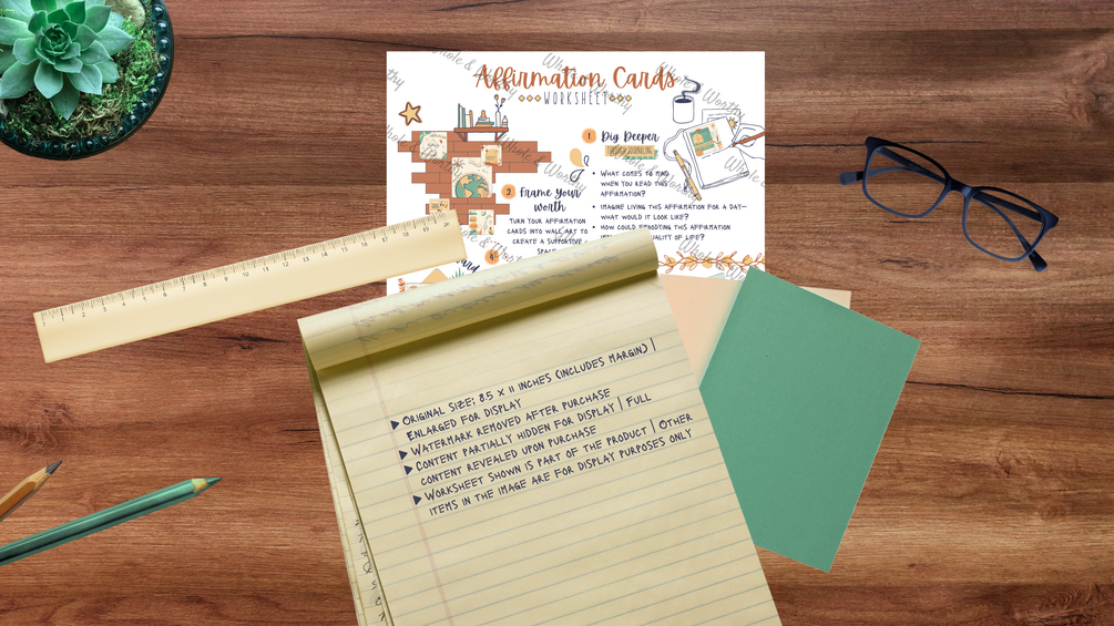 Printable Self-Worth Affirmation Set: 10 Cards + 1 Worksheet