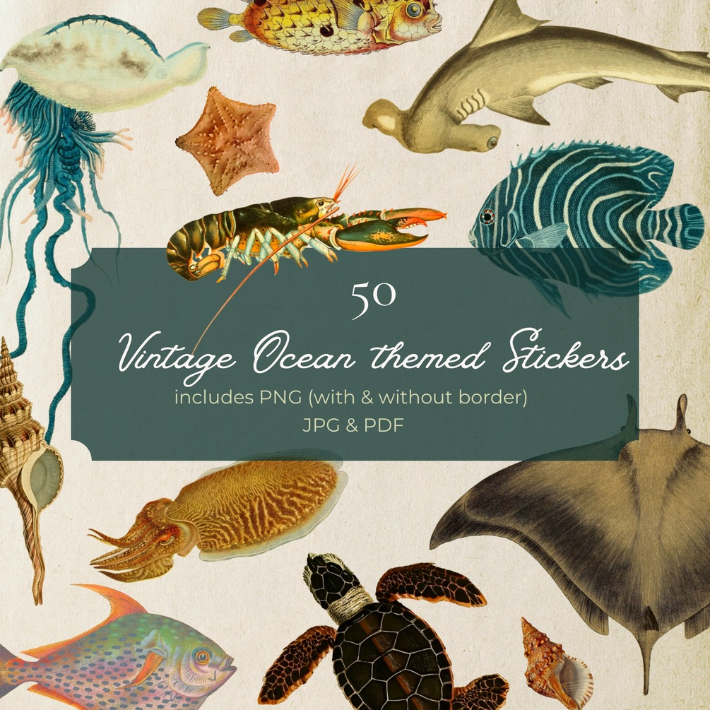 Vintage Ocean Digital Stickers – 50 Printable Marine-Themed Stickers