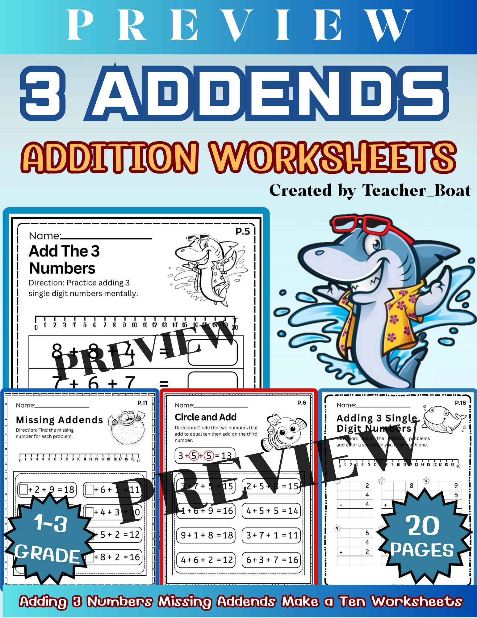 Adding 3 Numbers | Missing Addends | Make a Ten Worksheets | Ocean Theme
