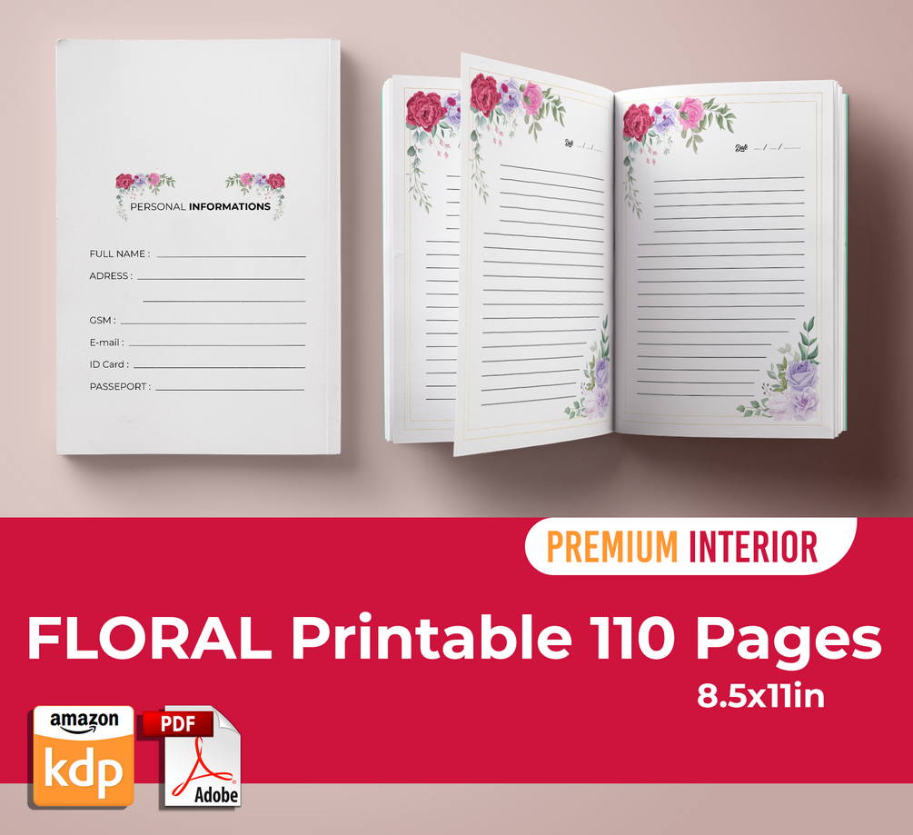 Cute Floral interior Notebook for Women 110 pages Size 8.5x11 inches ...