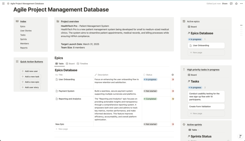 Agile project management dashboard template