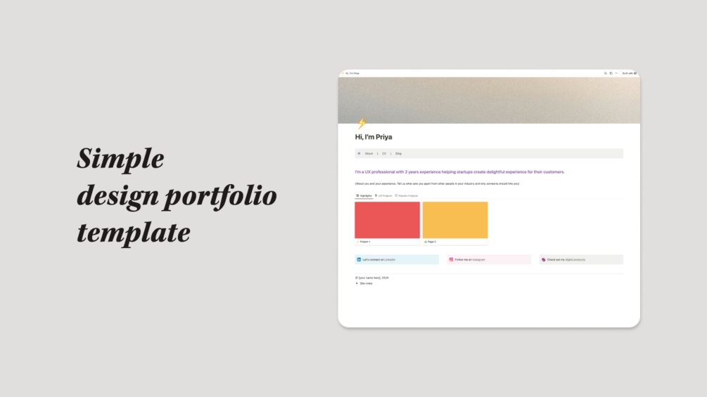 Simple design portfolio template - Notion