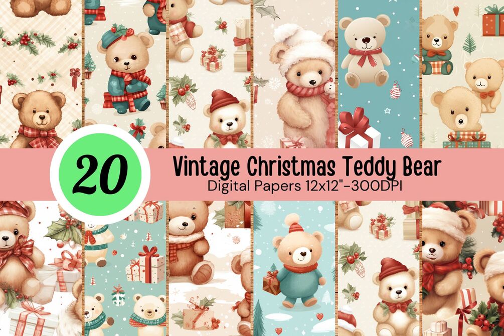 Vintage Christmas Teddy Bear Cute 3D Digital Paper