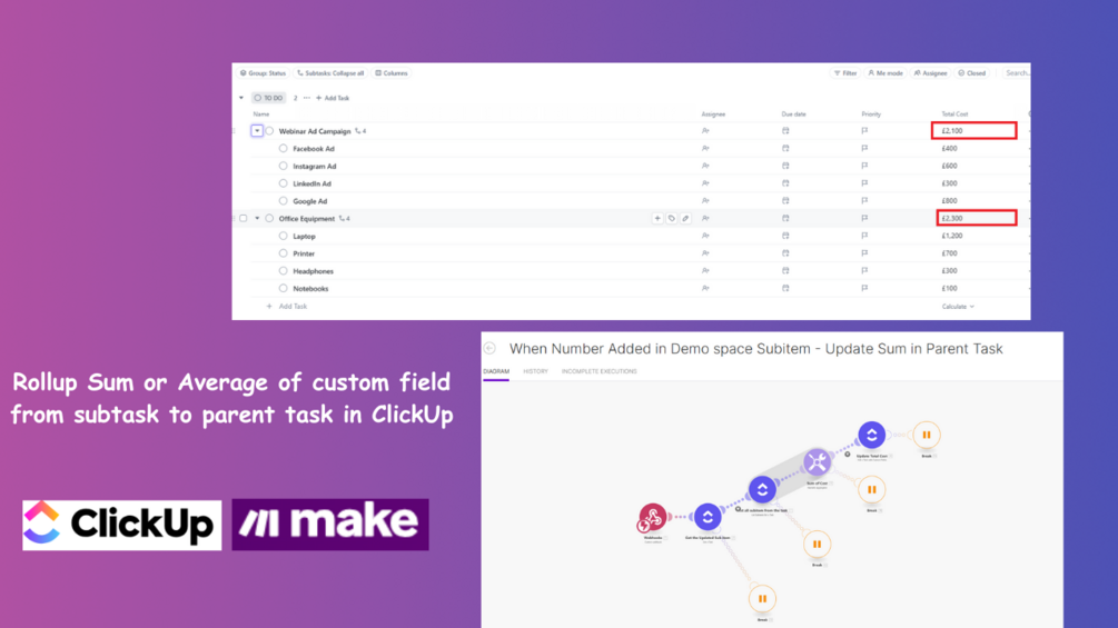 ClickUp - Rollup Custom Field Number/Money from SubTasks to Parent Task As Sum or Average